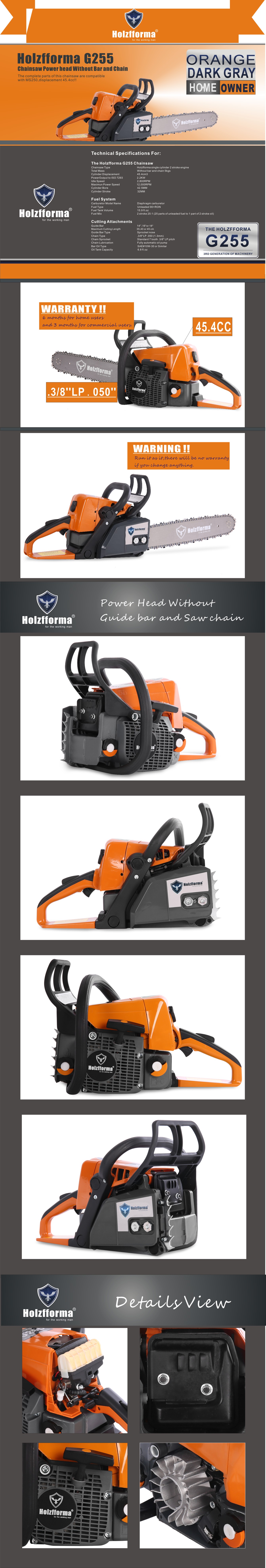 45.4cc Holzfforma® Orange Dark Gray G255 Gasoline Chain Saw Power Head ...